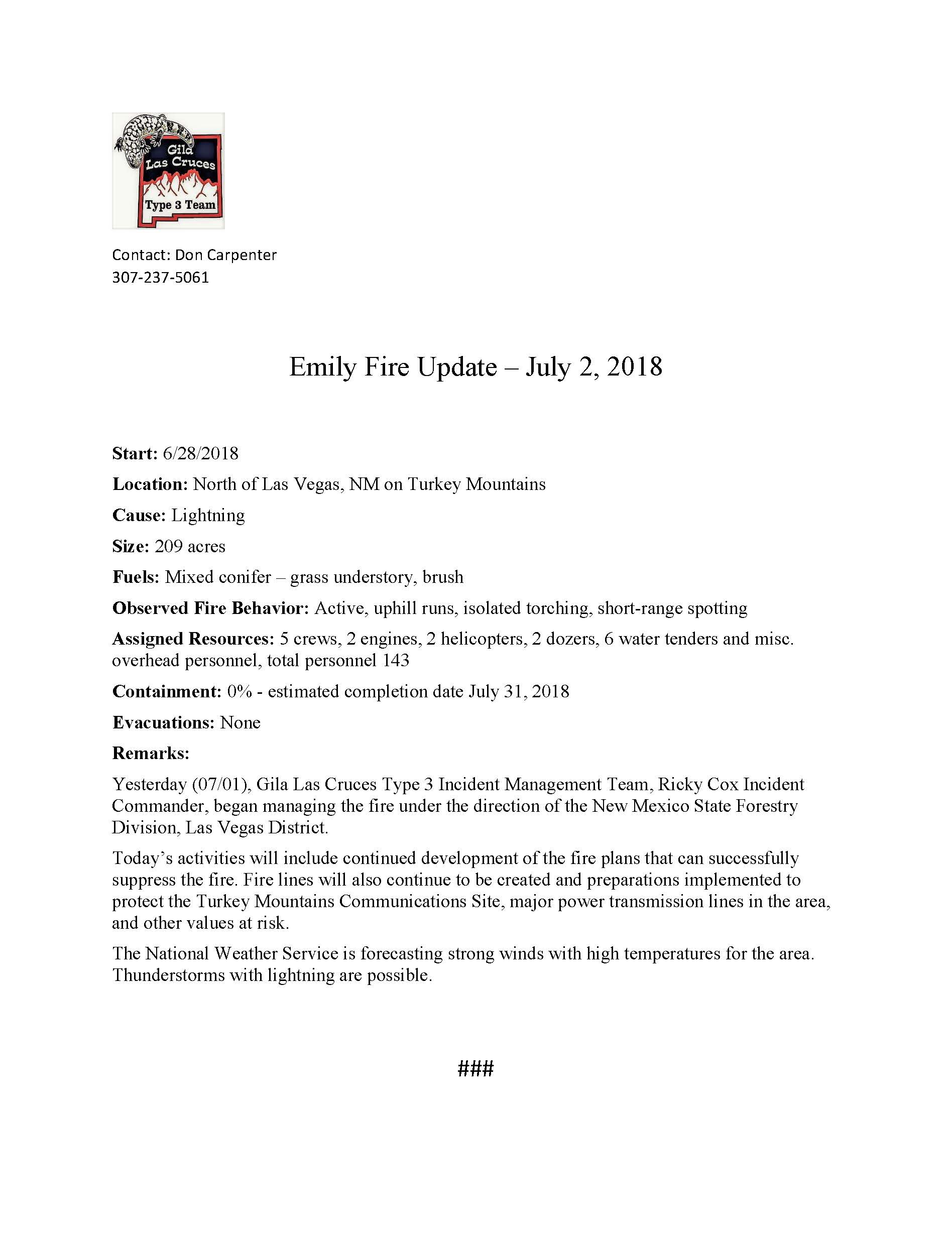 | Emily Fire – Mora County – 07/02/18NM Fire Info