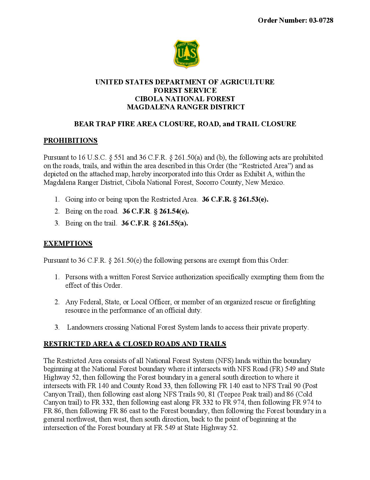| BEAR TRAP FIRE AREA CLOSURE, ROAD, and TRAIL CLOSURE, CIBOLA NATIONAL ...