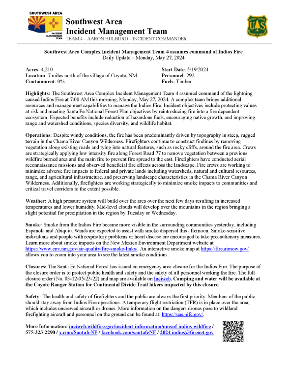 | Indios Fire Update, May 27, 2024NM Fire Info