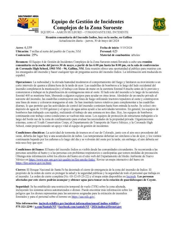 | Indios Fire Update, May 30, 2024NM Fire Info