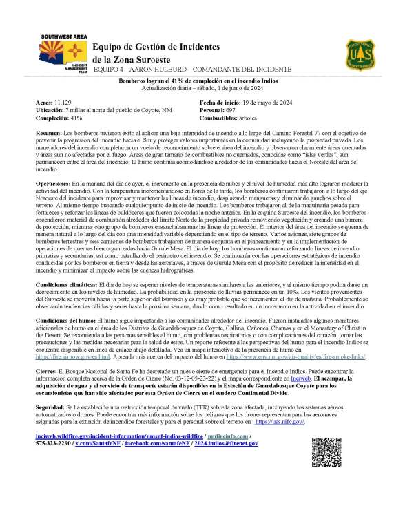 | Indios Fire Daily Update 06/01/2024NM Fire Info