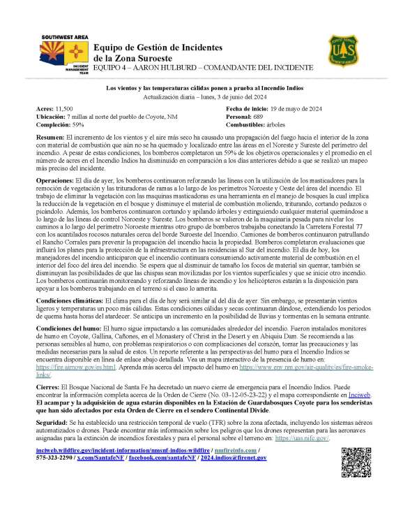 | Daily Update for Indios Fire, June 3, 2024NM Fire Info