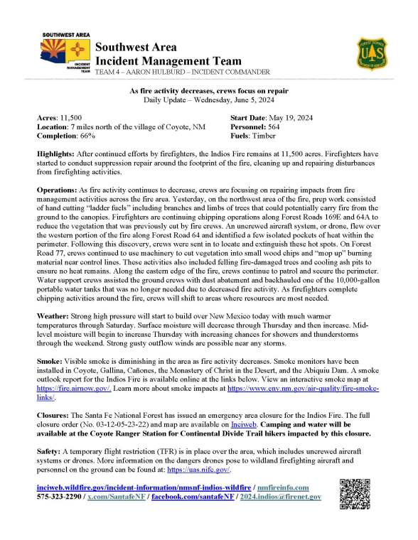 | Indios Fire: Daily update, 6/5/24NM Fire Info