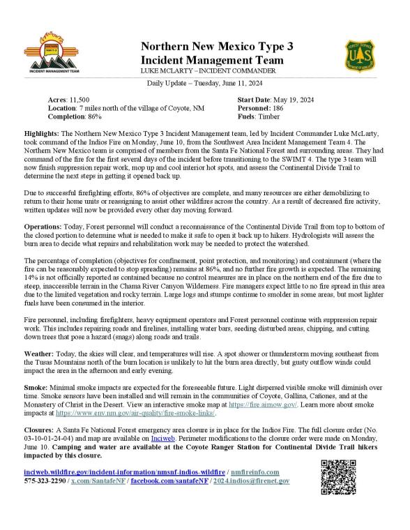 | Indios Fire Daily Update 06/11/2024NM Fire Info