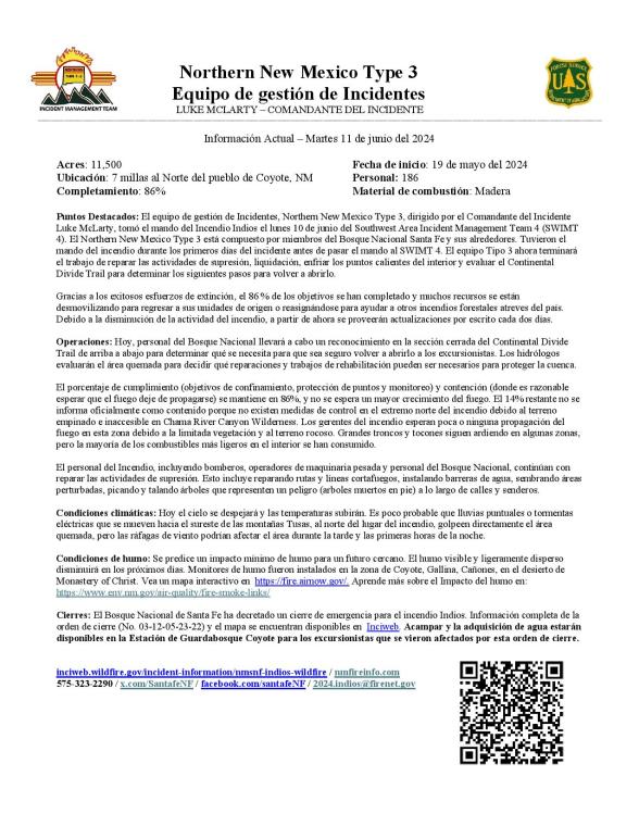 | Indios Fire Daily Update 06/11/2024NM Fire Info