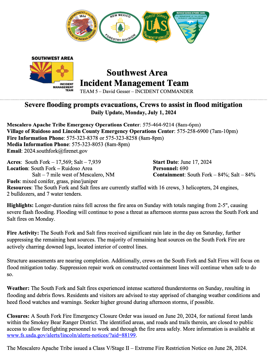 | South Fork and Salt Fire Update 7/1NM Fire Info