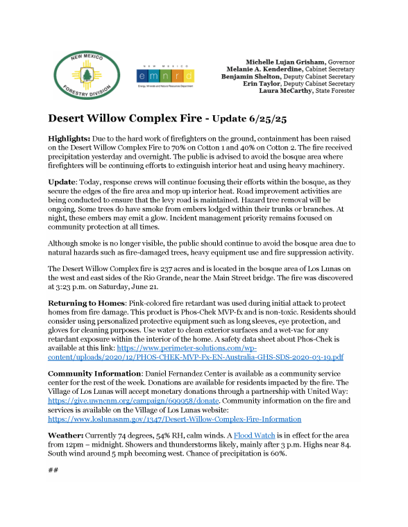 | Desert Willow Complex Fire – Update 6/25/25NM Fire Info