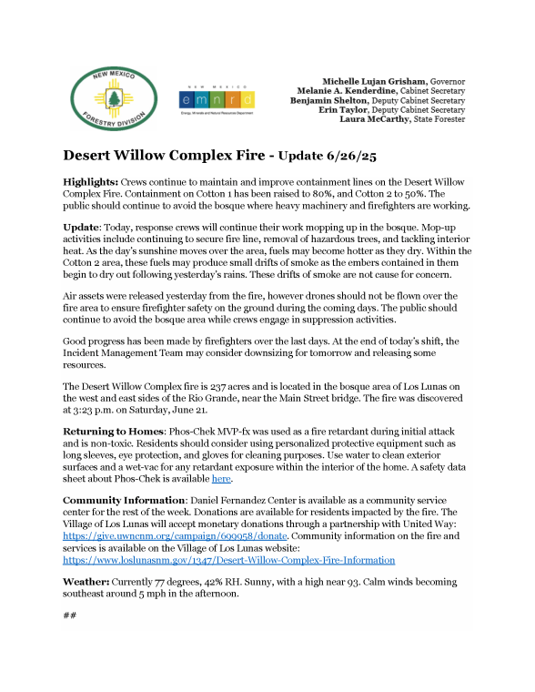 | Desert Willow Complex Fire Update 6/26/25NM Fire Info
