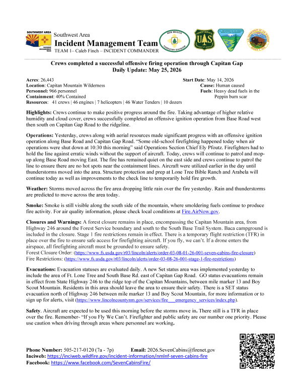 | Seven Cabins Fire Daily Update: May 25, 2026NM Fire Info