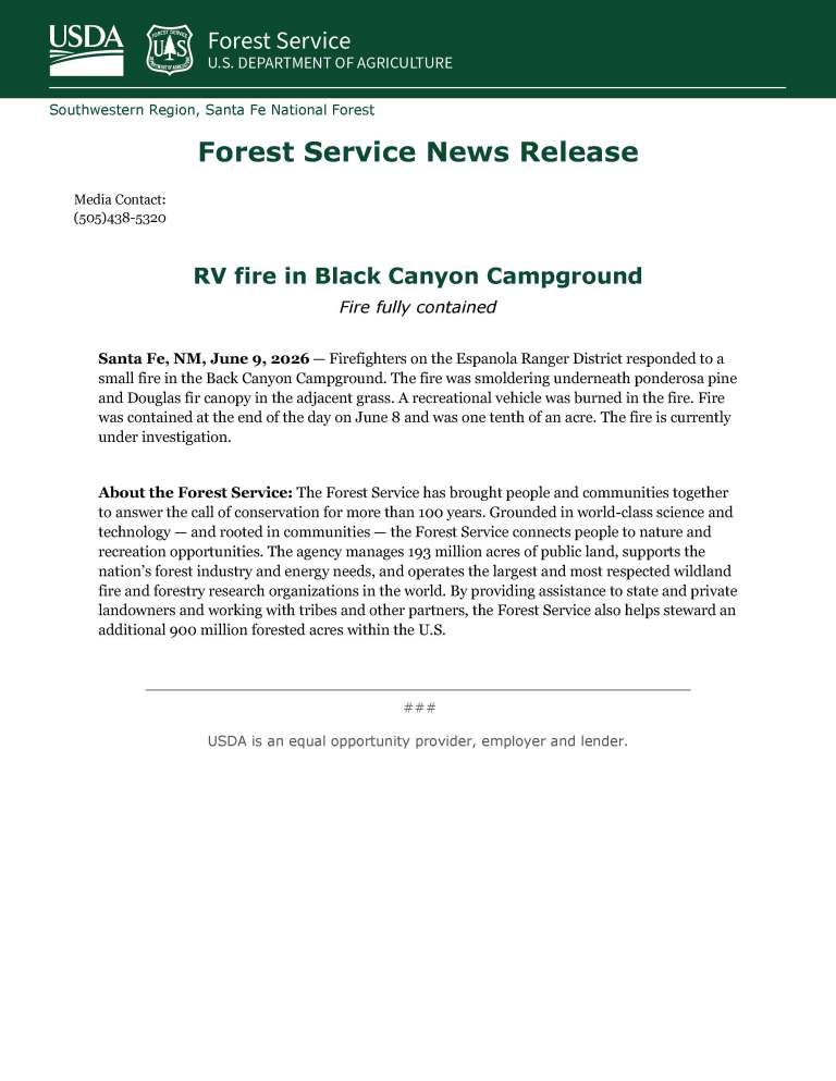 | RV fire in Black Canyon Campground – Fire fully containedNM Fire Info